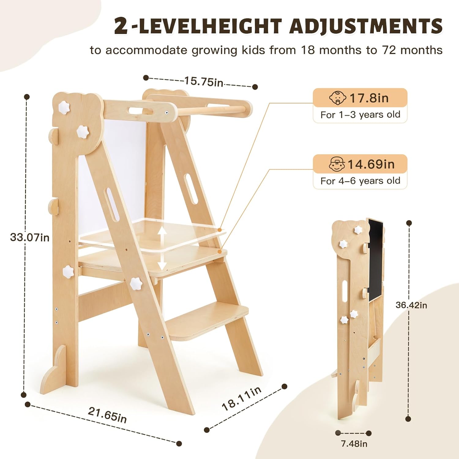 Foldable Learning Tower & Montessori Kitchen Tower (Log Color)